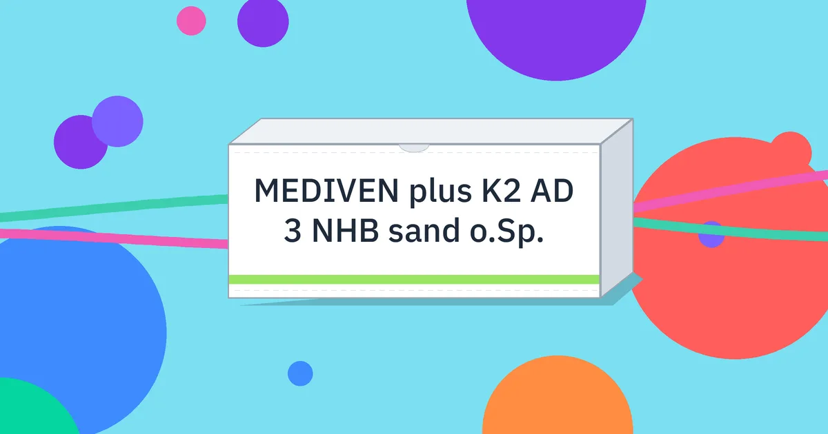 Symbolbild: Packung mit der Aufschrift MEDIVEN plus K2 AD 3 NHB sand o.Sp. (PZN 18946634) – Verfügbarkeit und Bezug in Apotheken in Frankfurt am Main
