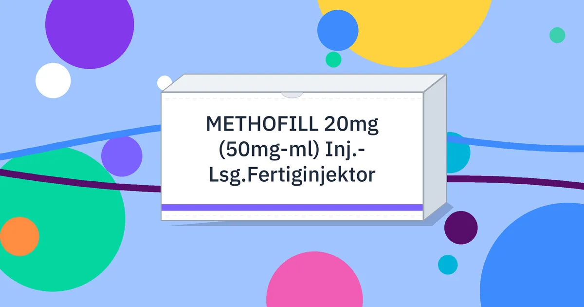Symbolbild: Packung mit der Aufschrift METHOFILL 20mg (50mg-ml) Inj.-Lsg.Fertiginjektor (PZN 18660932) – Verfügbarkeit und Bezug in Apotheken in Frankfurt am Main