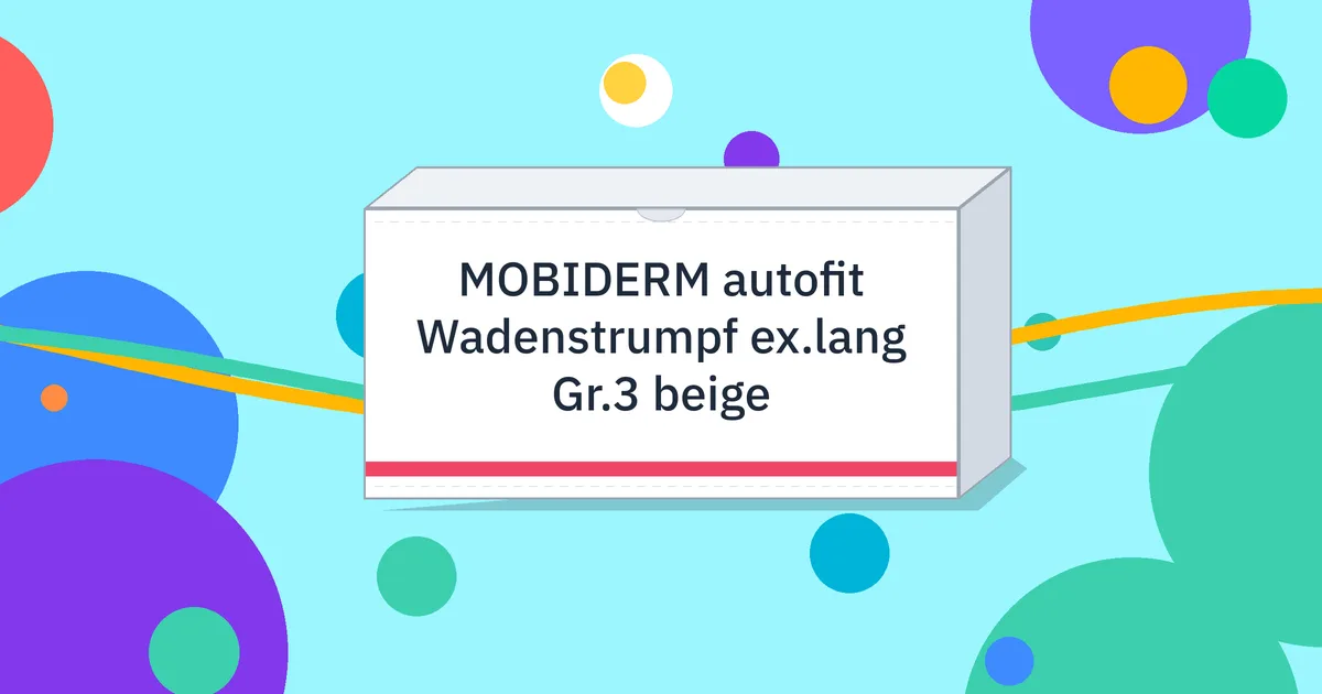 Symbolbild: Packung mit der Aufschrift MOBIDERM autofit Wadenstrumpf ex.lang Gr.3 beige (PZN 13970013) – Verfügbarkeit und Bezug in Apotheken in Frankfurt am Main