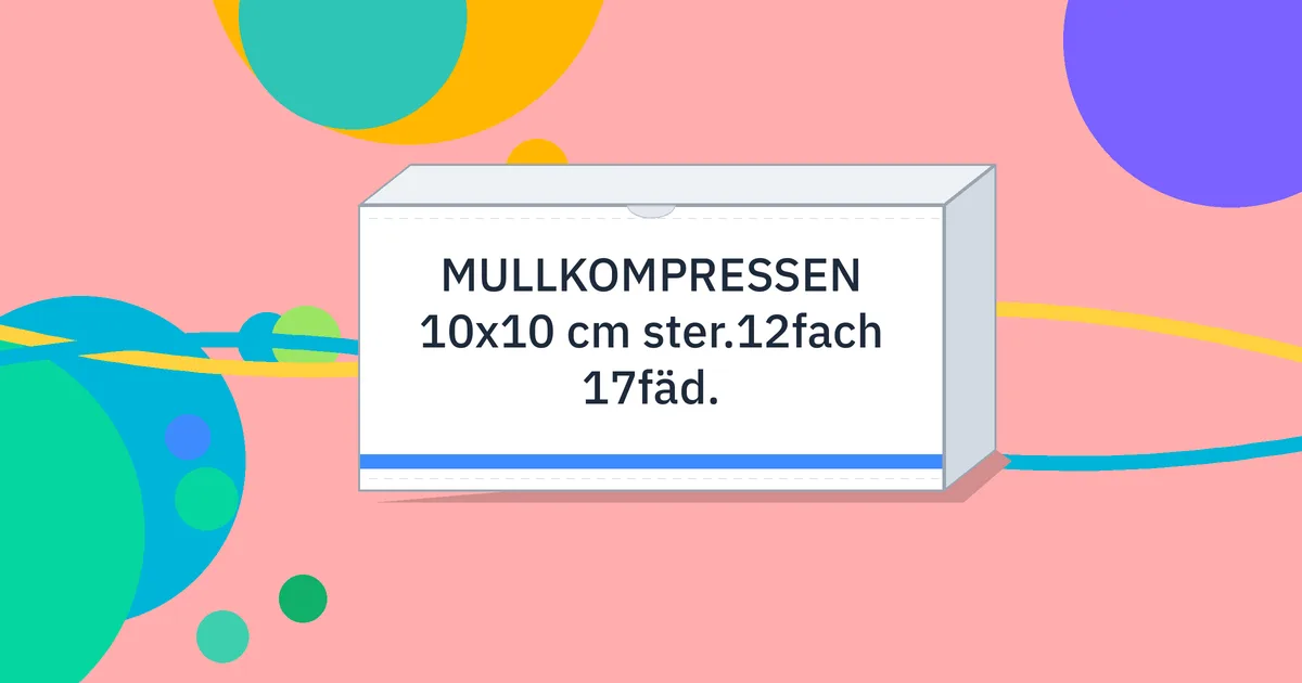 Symbolbild: Packung mit der Aufschrift MULLKOMPRESSEN 10x10 cm ster.12fach 17fäd. (PZN 06930384) – Verfügbarkeit und Bezug in Apotheken in Frankfurt am Main