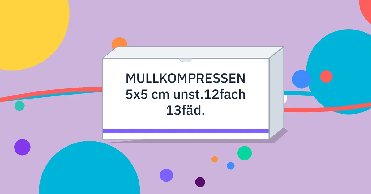 Symbolbild: Packung mit der Aufschrift MULLKOMPRESSEN 5x5 cm unst.12fach 13fäd. (PZN 06928341) – Verfügbarkeit und Bezug in Apotheken in Frankfurt am Main