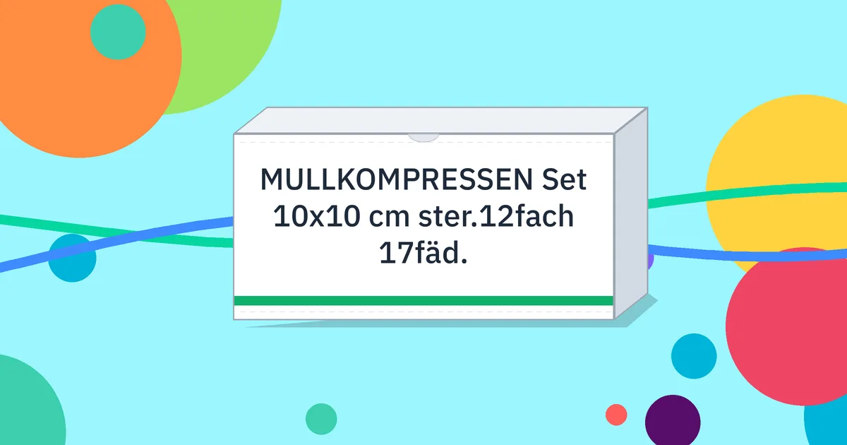 Symbolbild: Packung mit der Aufschrift MULLKOMPRESSEN Set 10x10 cm ster.12fach 17fäd. (PZN 06930651) – Verfügbarkeit und Bezug in Apotheken in Frankfurt am Main