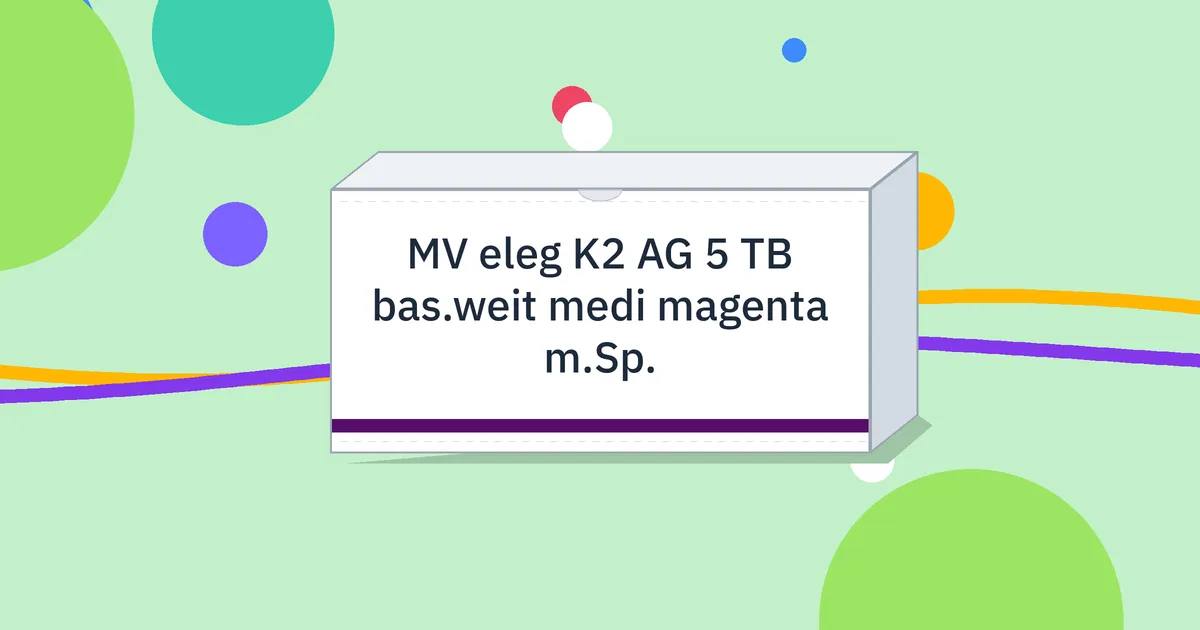 Symbolbild: Packung mit der Aufschrift MV eleg K2 AG 5 TB bas.weit medi magenta m.Sp. (PZN 15283222) – Verfügbarkeit und Bezug in Apotheken in Frankfurt am Main