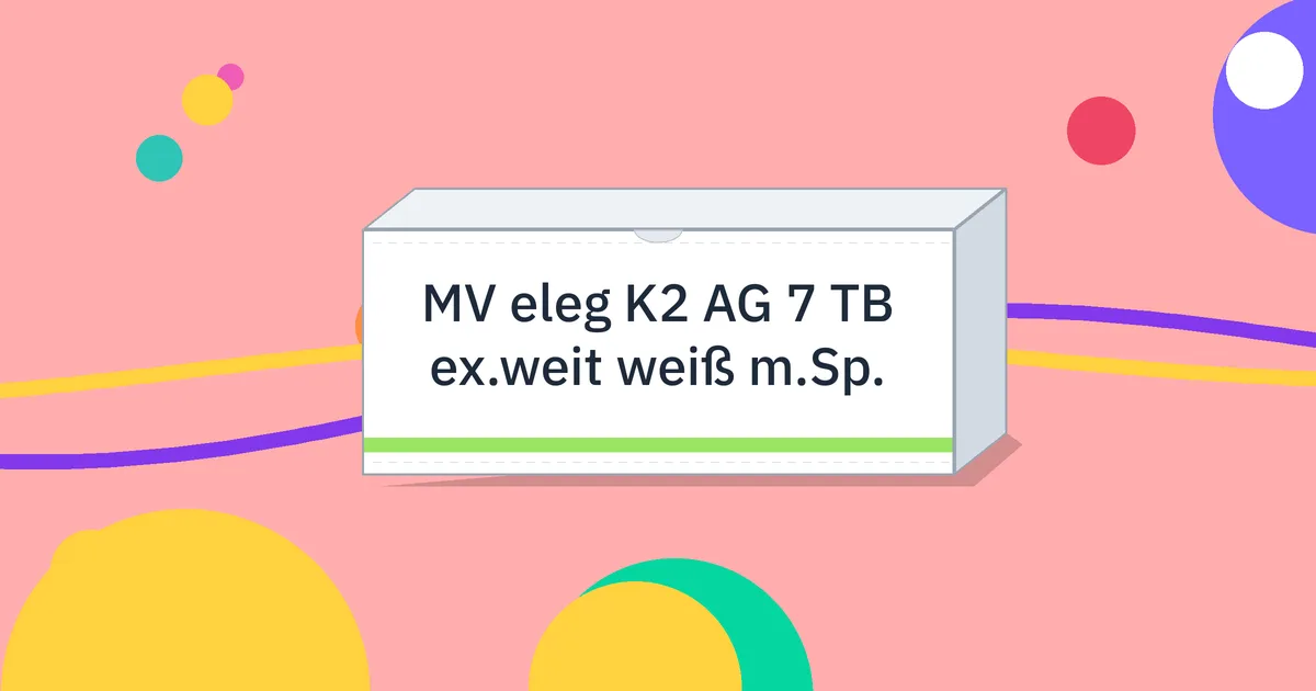 Symbolbild: Packung mit der Aufschrift MV eleg K2 AG 7 TB ex.weit weiß m.Sp. (PZN 09878253) – Verfügbarkeit und Bezug in Apotheken in Frankfurt am Main