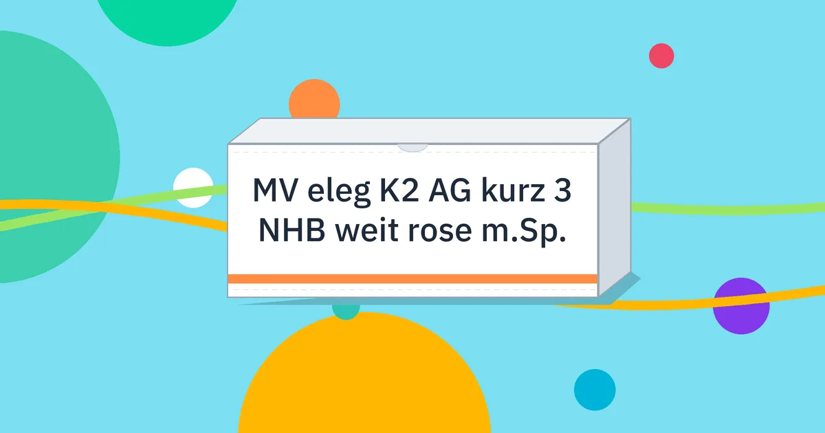 Symbolbild: Packung mit der Aufschrift MV eleg K2 AG kurz 3 NHB weit rose m.Sp. (PZN 15714449) – Verfügbarkeit und Bezug in Apotheken in Frankfurt am Main