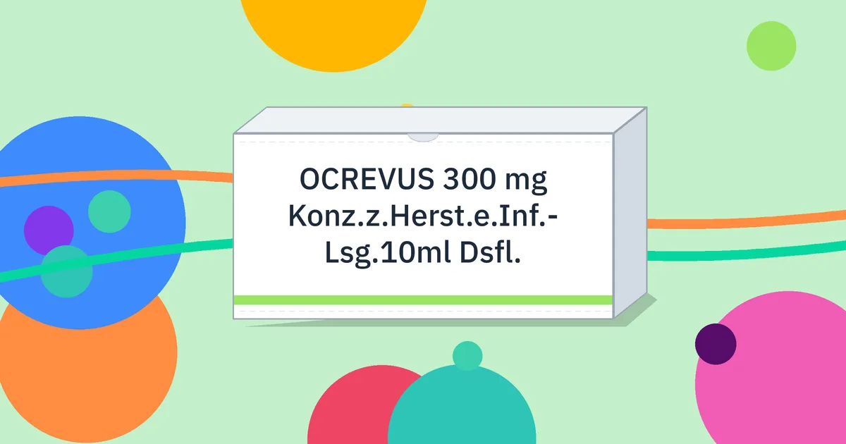 Symbolbild: Packung mit der Aufschrift OCREVUS 300 mg Konz.z.Herst.e.Inf.-Lsg.10ml Dsfl. (PZN 20053984) – Verfügbarkeit und Bezug in Apotheken in Frankfurt am Main