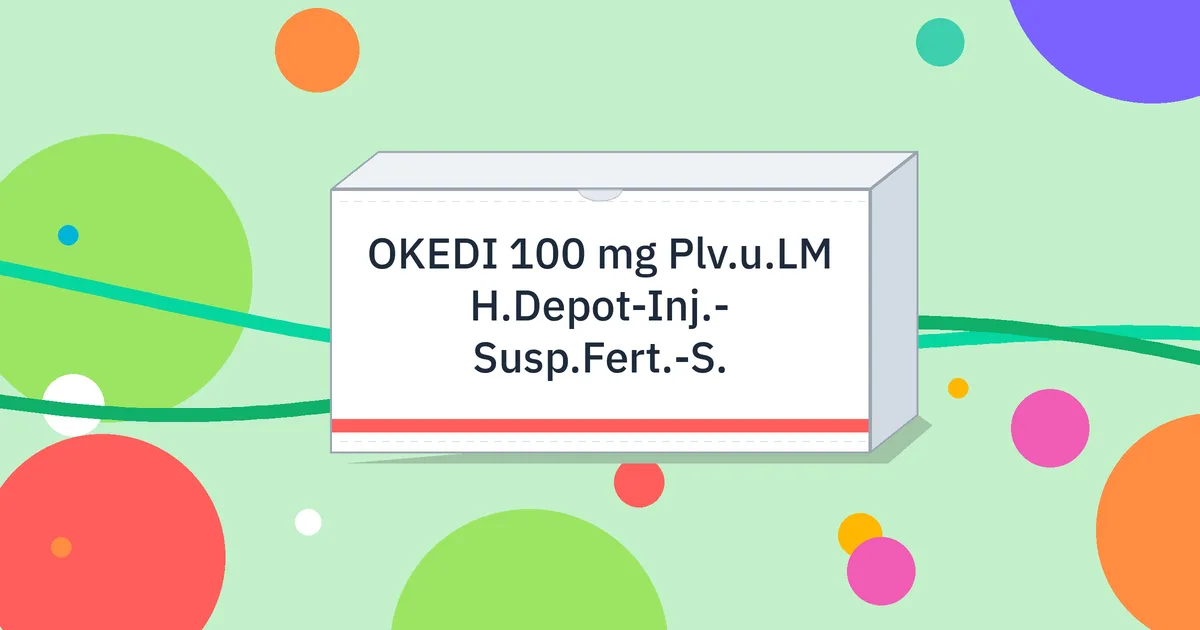 Symbolbild: Packung mit der Aufschrift OKEDI 100 mg Plv.u.LM H.Depot-Inj.-Susp.Fert.-S. (PZN 18722633) – Verfügbarkeit und Bezug in Apotheken in Frankfurt am Main