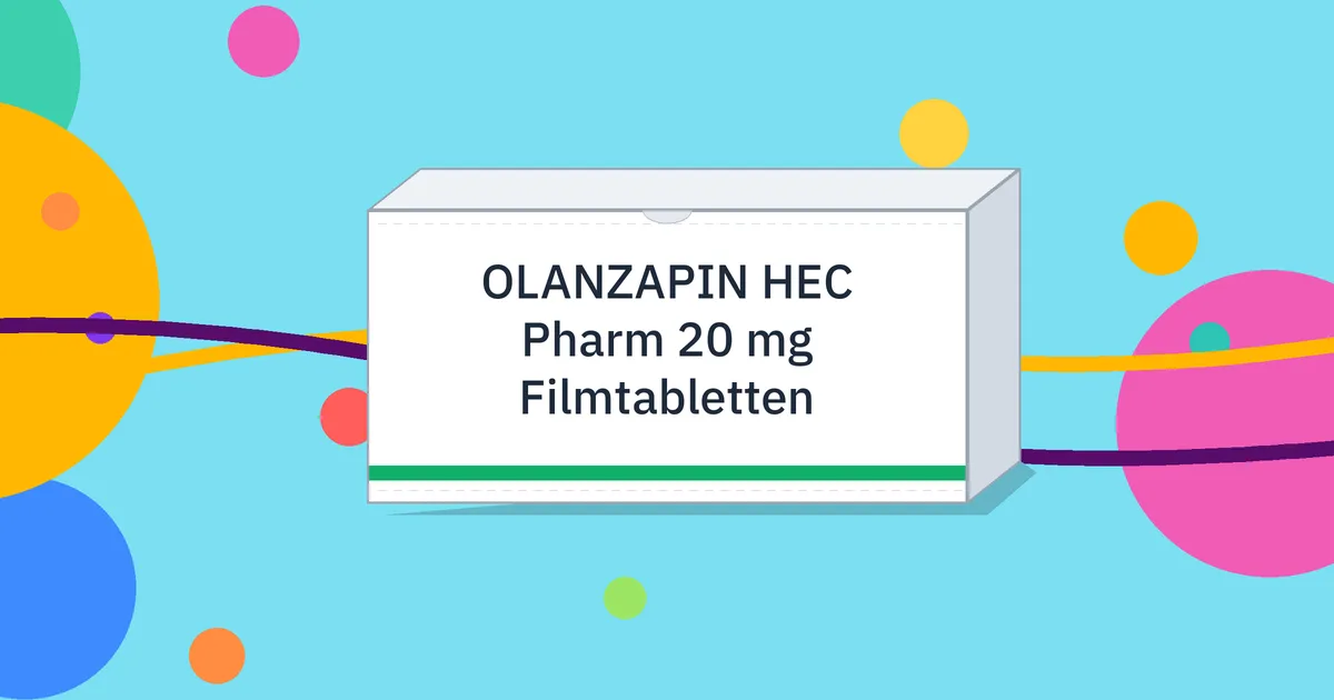 Symbolbild: Packung mit der Aufschrift OLANZAPIN HEC Pharm 20 mg Filmtabletten (PZN 11882931) – Verfügbarkeit und Bezug in Apotheken in Frankfurt am Main