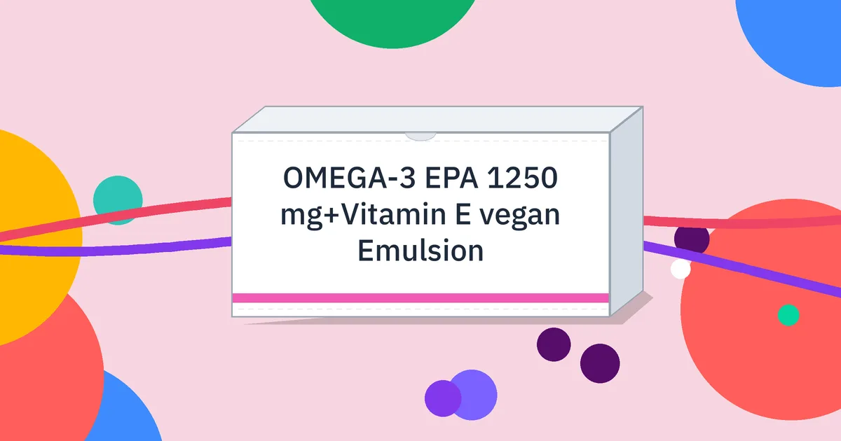 Symbolbild: Packung mit der Aufschrift OMEGA-3 EPA 1250 mg+Vitamin E vegan Emulsion (PZN 20371649) – Verfügbarkeit und Bezug in Apotheken in Frankfurt am Main