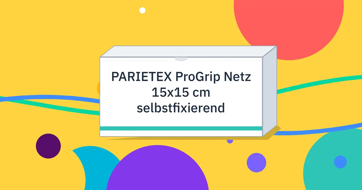 Symbolbild: Packung mit der Aufschrift PARIETEX ProGrip Netz 15x15 cm selbstfixierend (PZN 09153484) – Verfügbarkeit und Bezug in Apotheken in Frankfurt am Main
