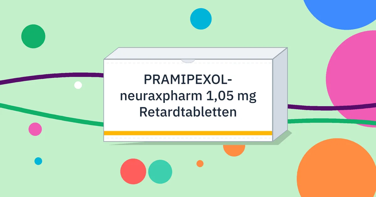 Symbolbild: Packung mit der Aufschrift PRAMIPEXOL-neuraxpharm 1,05 mg Retardtabletten (PZN 12419891) – Verfügbarkeit und Bezug in Apotheken in Frankfurt am Main