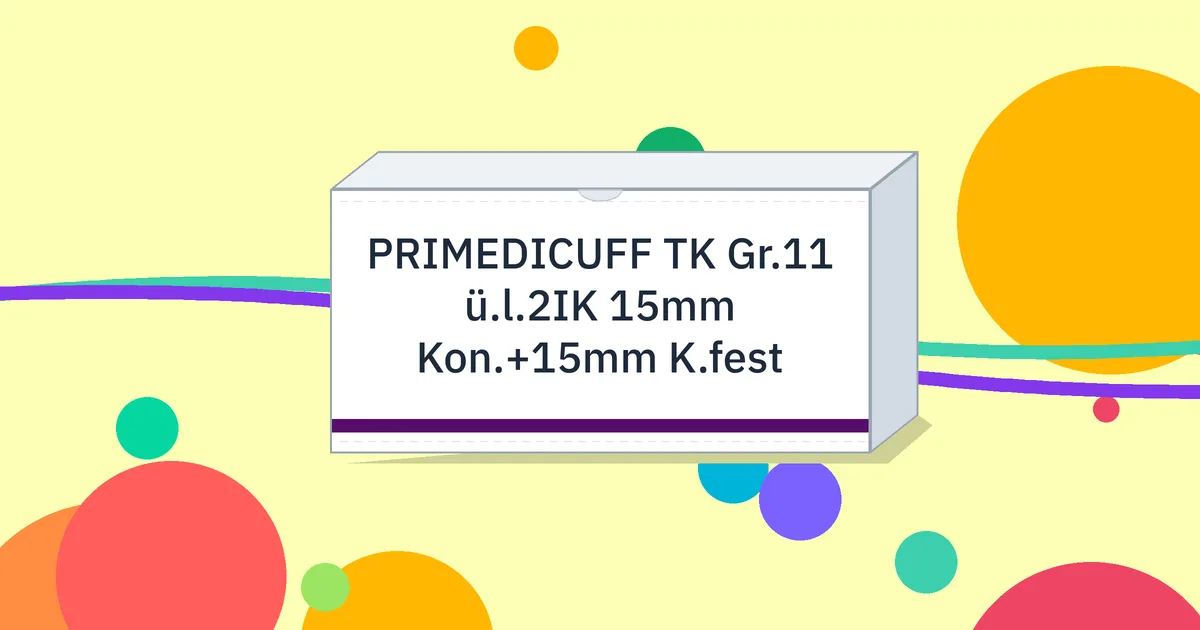 Symbolbild: Packung mit der Aufschrift PRIMEDICUFF TK Gr.11 ü.l.2IK 15mm Kon.+15mm K.fest (PZN 11375849) – Verfügbarkeit und Bezug in Apotheken in Frankfurt am Main