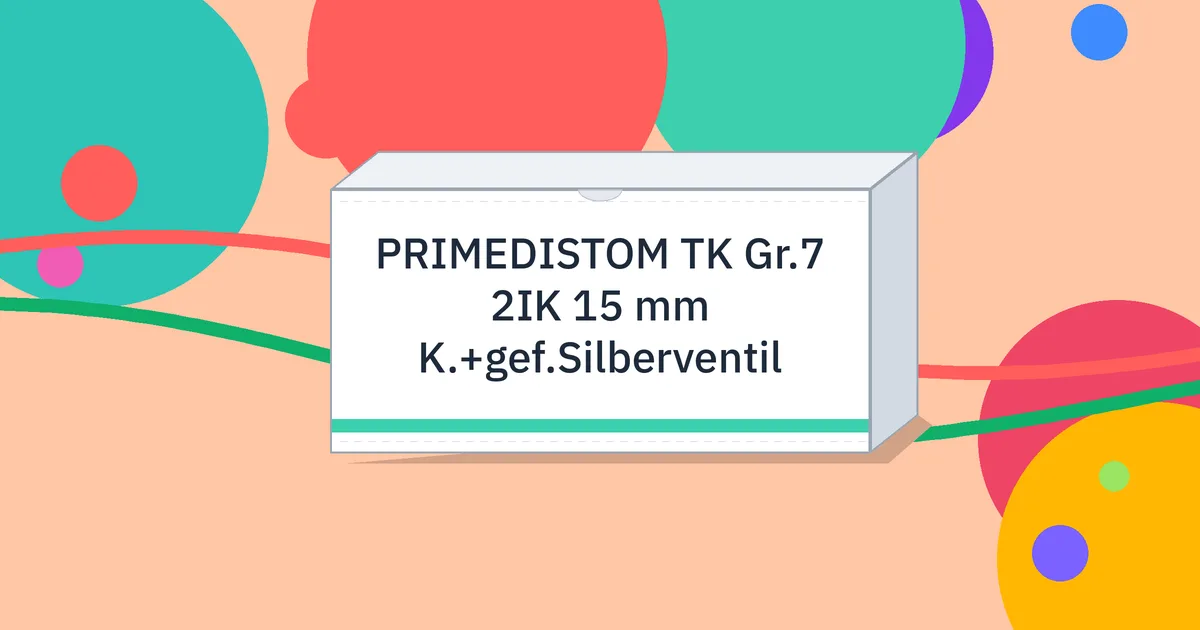 Symbolbild: Packung mit der Aufschrift PRIMEDISTOM TK Gr.7 2IK 15 mm K.+gef.Silberventil (PZN 10230089) – Verfügbarkeit und Bezug in Apotheken in Frankfurt am Main