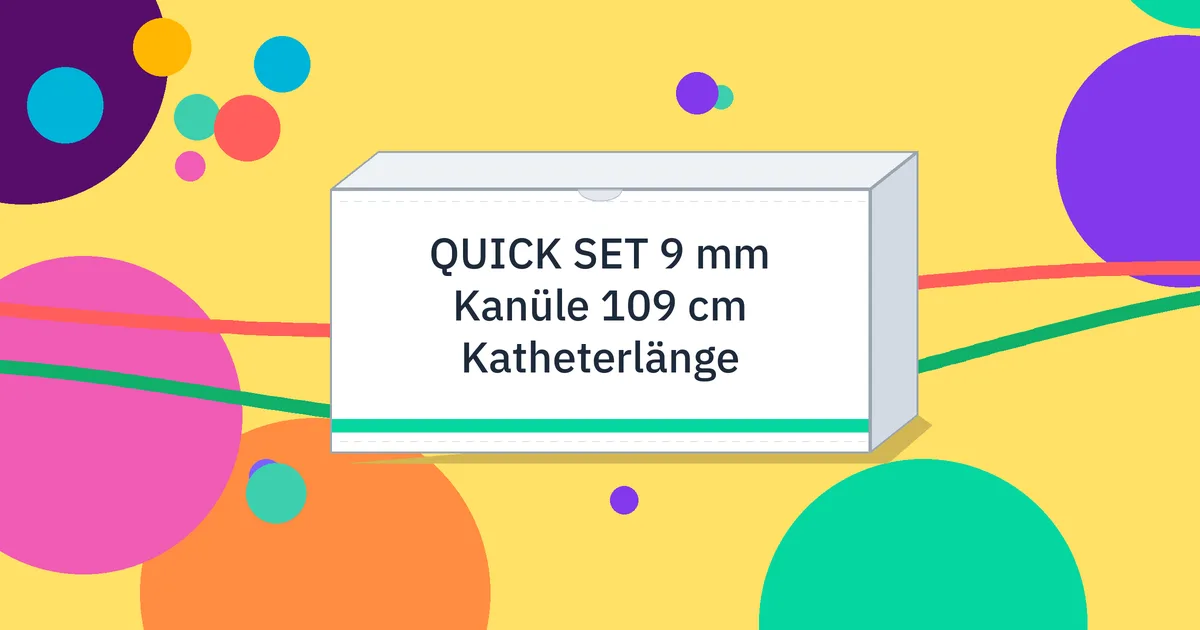 Symbolbild: Packung mit der Aufschrift QUICK SET 9 mm Kanüle 109 cm Katheterlänge (PZN 01808862) – Verfügbarkeit und Bezug in Apotheken in Frankfurt am Main