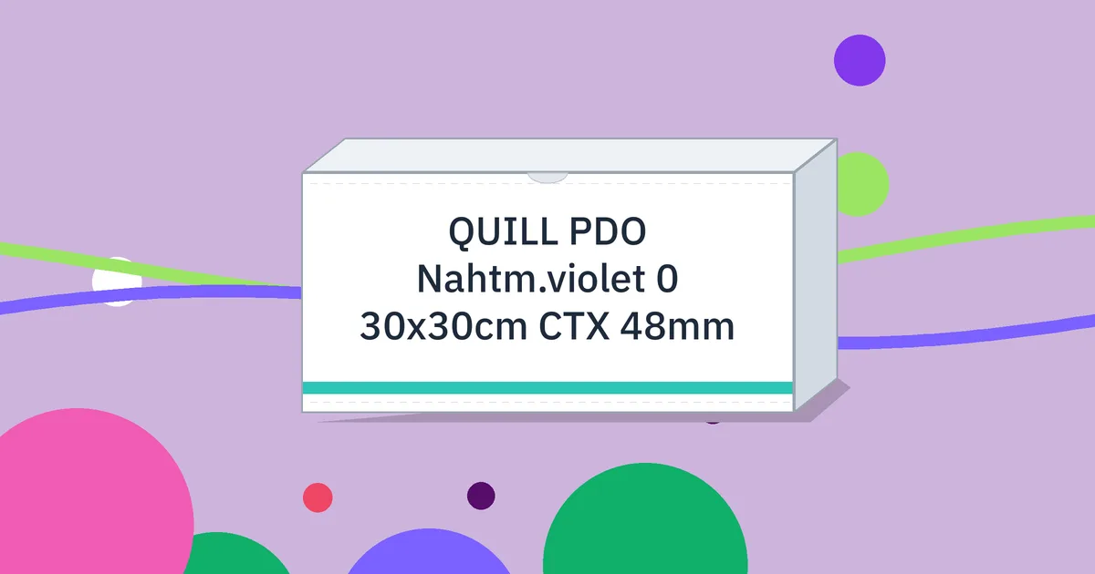 Symbolbild: Packung mit der Aufschrift QUILL PDO Nahtm.violet 0 30x30cm CTX 48mm (PZN 17989676) – Verfügbarkeit und Bezug in Apotheken in Frankfurt am Main