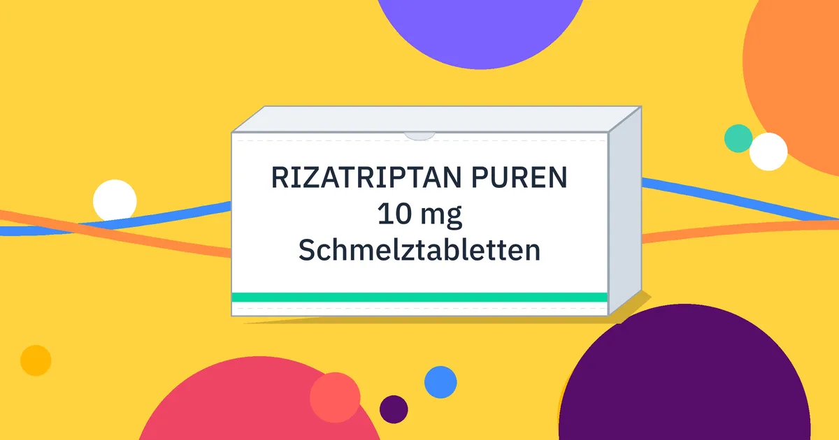 Symbolbild: Packung mit der Aufschrift RIZATRIPTAN PUREN 10 mg Schmelztabletten (PZN 14299238) – Verfügbarkeit und Bezug in Apotheken in Frankfurt am Main
