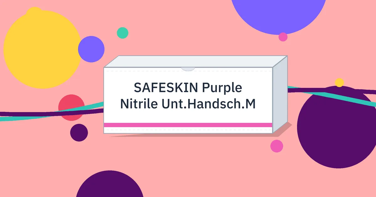 Symbolbild: Packung mit der Aufschrift SAFESKIN Purple Nitrile Unt.Handsch.M (PZN 01298680) – Verfügbarkeit und Bezug in Apotheken in Frankfurt am Main