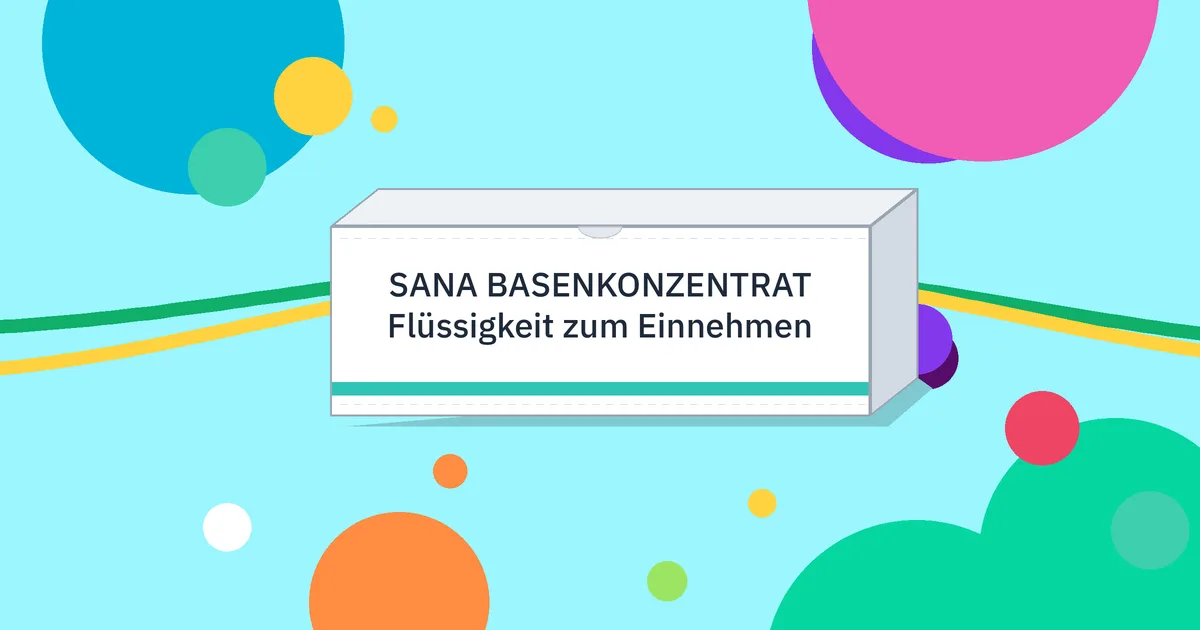 Symbolbild: Packung mit der Aufschrift SANA BASENKONZENTRAT Flüssigkeit zum Einnehmen (PZN 12870396) – Verfügbarkeit und Bezug in Apotheken in Frankfurt am Main