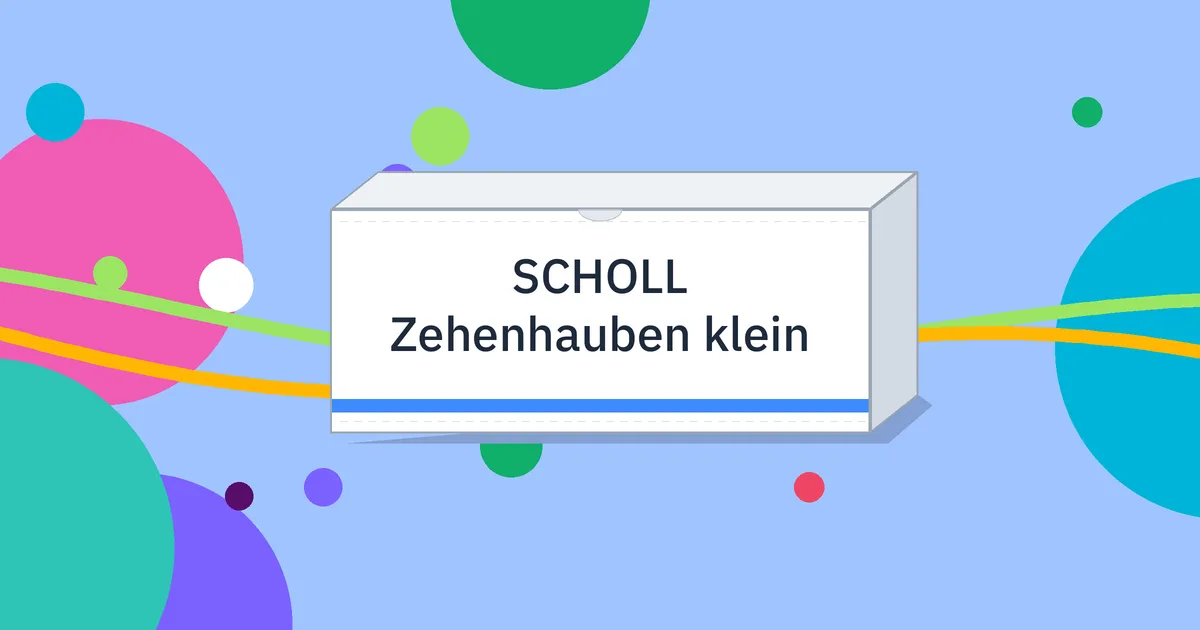 Symbolbild: Packung mit der Aufschrift SCHOLL Zehenhauben klein (PZN 20613986) – Verfügbarkeit und Bezug in Apotheken in Frankfurt am Main