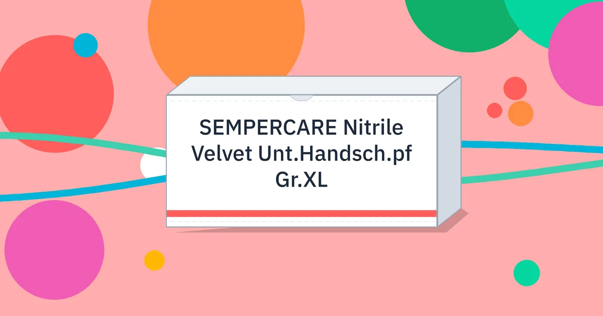 Symbolbild: Packung mit der Aufschrift SEMPERCARE Nitrile Velvet Unt.Handsch.pf Gr.XL (PZN 12643884) – Verfügbarkeit und Bezug in Apotheken in Frankfurt am Main