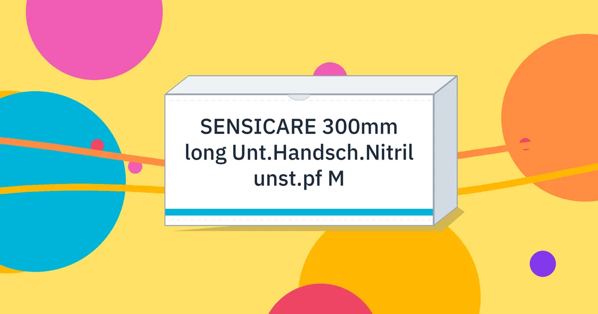 Symbolbild: Packung mit der Aufschrift SENSICARE 300mm long Unt.Handsch.Nitril unst.pf M (PZN 20205767) – Verfügbarkeit und Bezug in Apotheken in Frankfurt am Main
