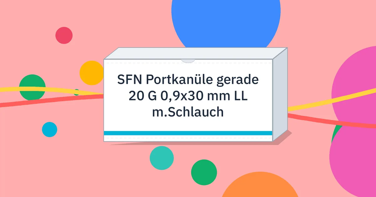 Symbolbild: Packung mit der Aufschrift SFN Portkanüle gerade 20 G 0,9x30 mm LL m.Schlauch (PZN 13837567) – Verfügbarkeit und Bezug in Apotheken in Frankfurt am Main