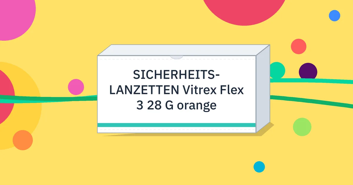 Symbolbild: Packung mit der Aufschrift SICHERHEITS-LANZETTEN Vitrex Flex 3 28 G orange (PZN 15816517) – Verfügbarkeit und Bezug in Apotheken in Frankfurt am Main