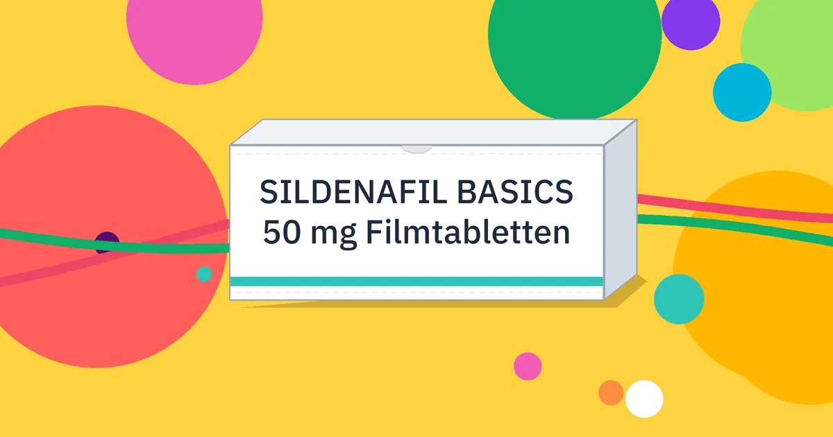 Symbolbild: Packung mit der Aufschrift SILDENAFIL BASICS 50 mg Filmtabletten (PZN 04865748) – Verfügbarkeit und Bezug in Apotheken in Frankfurt am Main