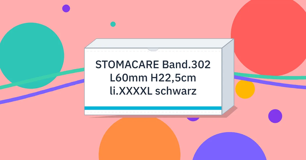 Symbolbild: Packung mit der Aufschrift STOMACARE Band.302 L60mm H22,5cm li.XXXXL schwarz (PZN 10840965) – Verfügbarkeit und Bezug in Apotheken in Frankfurt am Main