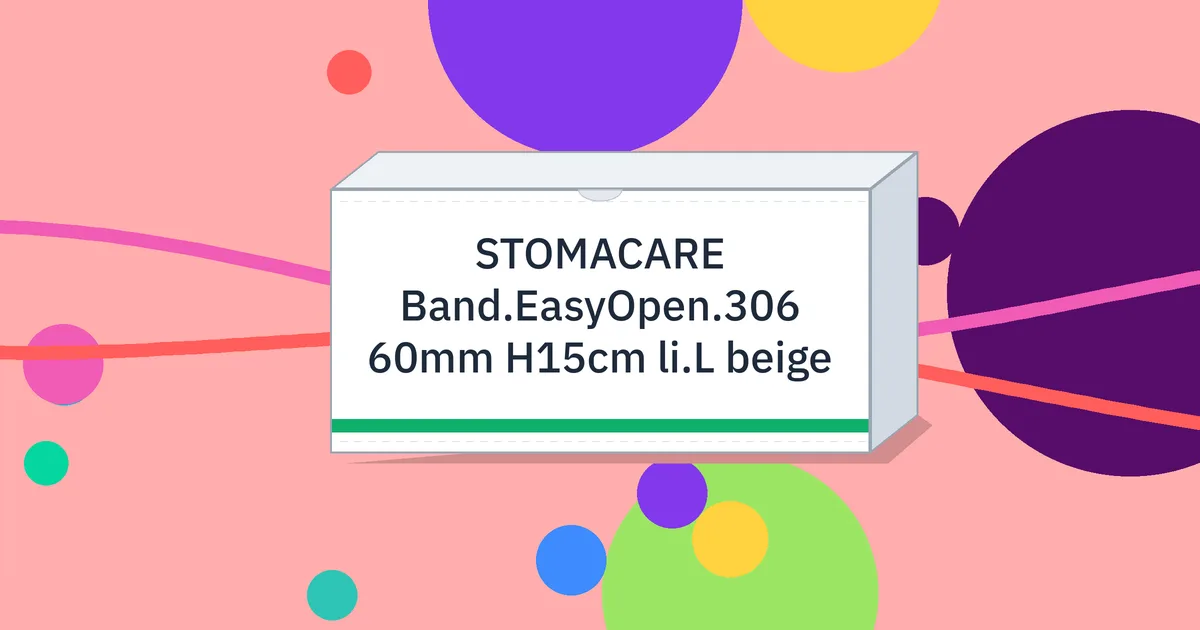 Symbolbild: Packung mit der Aufschrift STOMACARE Band.EasyOpen.306 60mm H15cm li.L beige (PZN 07665659) – Verfügbarkeit und Bezug in Apotheken in Frankfurt am Main