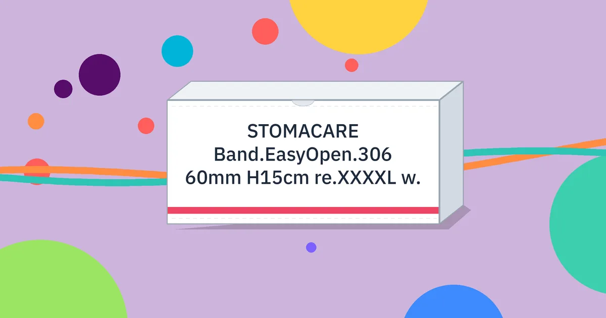 Symbolbild: Packung mit der Aufschrift STOMACARE Band.EasyOpen.306 60mm H15cm re.XXXXL w. (PZN 07665375) – Verfügbarkeit und Bezug in Apotheken in Frankfurt am Main