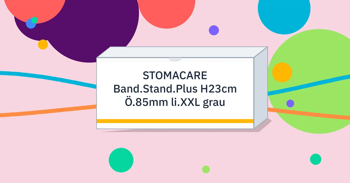 Symbolbild: Packung mit der Aufschrift STOMACARE Band.Stand.Plus H23cm Ö.85mm li.XXL grau (PZN 16751174) – Verfügbarkeit und Bezug in Apotheken in Frankfurt am Main