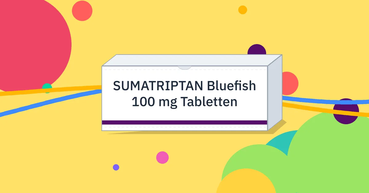 Symbolbild: Packung mit der Aufschrift SUMATRIPTAN Bluefish 100 mg Tabletten (PZN 06883271) – Verfügbarkeit und Bezug in Apotheken in Frankfurt am Main