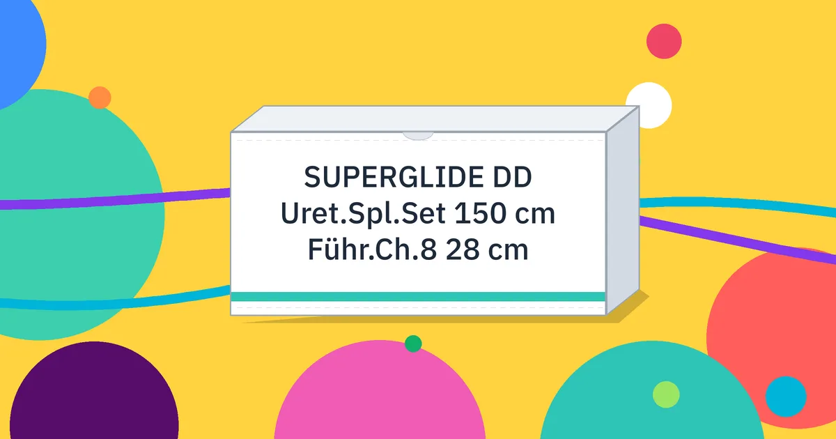 Symbolbild: Packung mit der Aufschrift SUPERGLIDE DD Uret.Spl.Set 150 cm Führ.Ch.8 28 cm (PZN 03708768) – Verfügbarkeit und Bezug in Apotheken in Frankfurt am Main