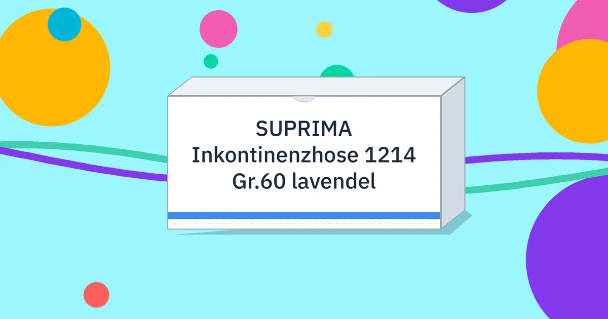 Symbolbild: Packung mit der Aufschrift SUPRIMA Inkontinenzhose 1214 Gr.60 lavendel (PZN 02852411) – Verfügbarkeit und Bezug in Apotheken in Frankfurt am Main