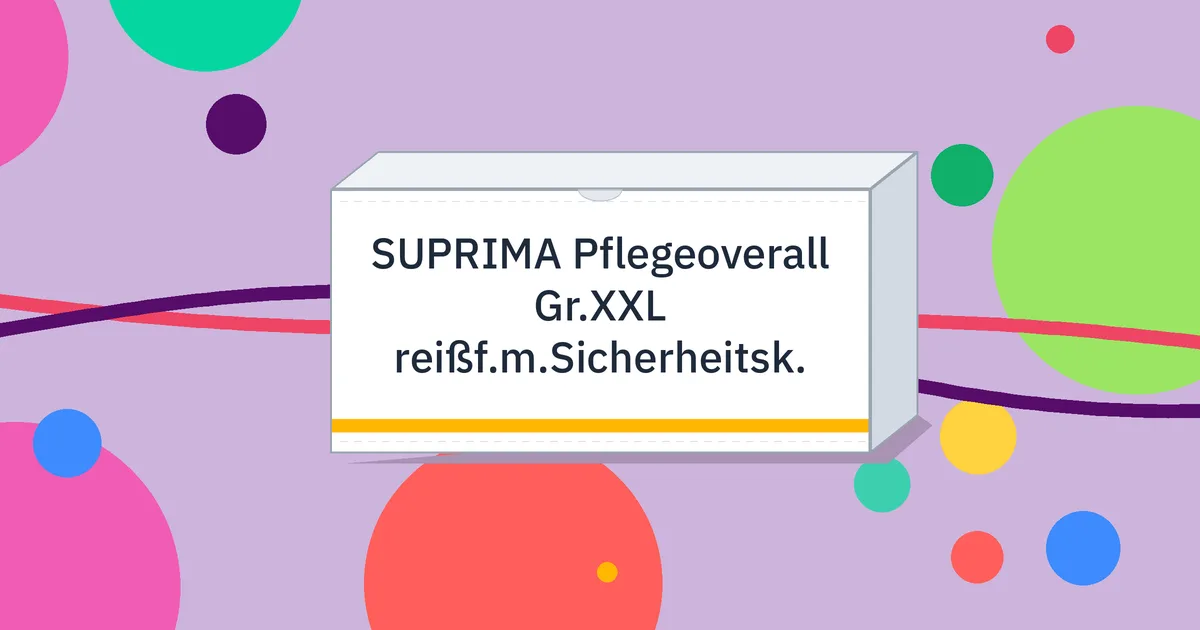Symbolbild: Packung mit der Aufschrift SUPRIMA Pflegeoverall Gr.XXL reißf.m.Sicherheitsk. (PZN 00939409) – Verfügbarkeit und Bezug in Apotheken in Frankfurt am Main