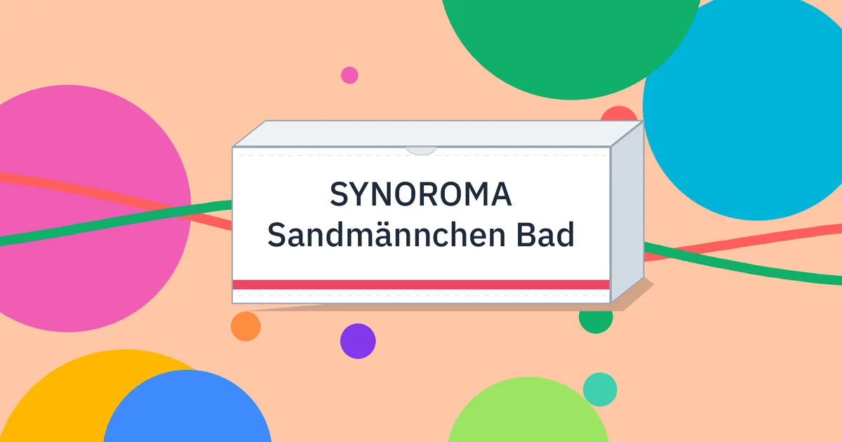 Symbolbild: Packung mit der Aufschrift SYNOROMA Sandmännchen Bad (PZN 09337681) – Verfügbarkeit und Bezug in Apotheken in Frankfurt am Main