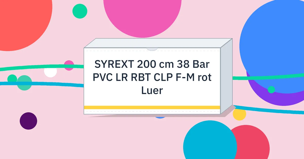 Symbolbild: Packung mit der Aufschrift SYREXT 200 cm 38 Bar PVC LR RBT CLP F-M rot Luer (PZN 17897968) – Verfügbarkeit und Bezug in Apotheken in Frankfurt am Main