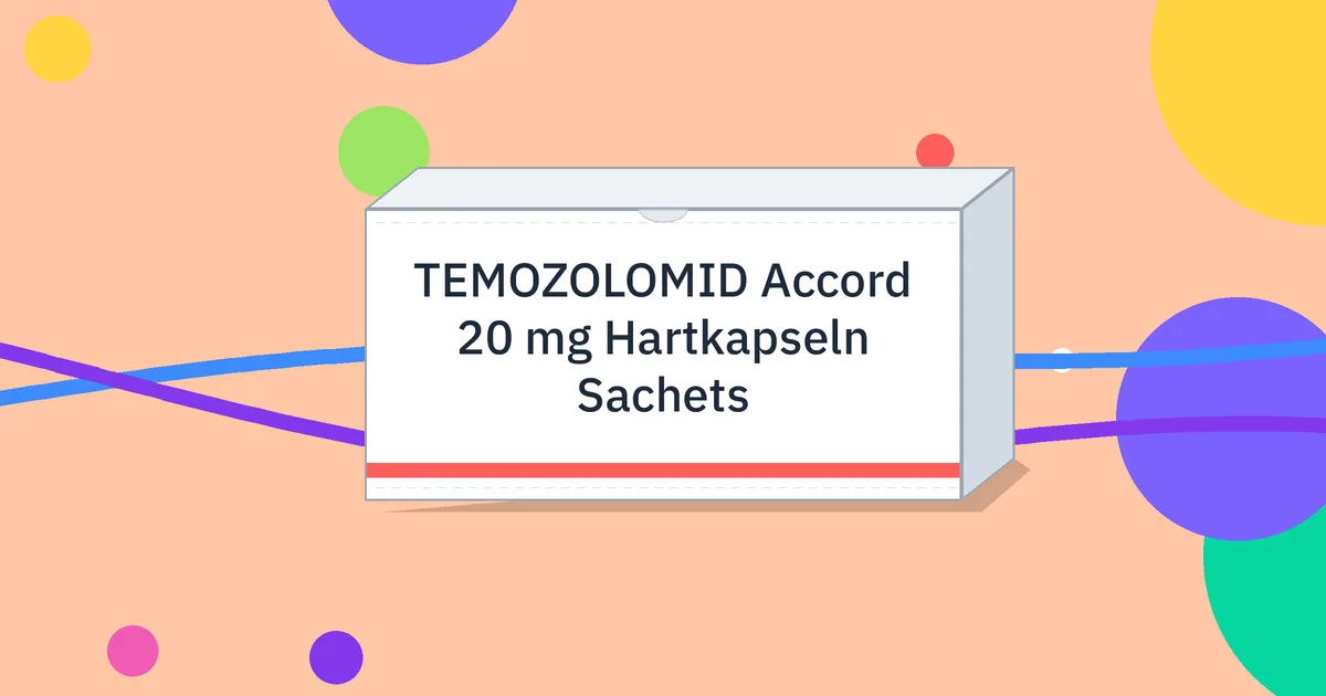 Symbolbild: Packung mit der Aufschrift TEMOZOLOMID Accord 20 mg Hartkapseln Sachets (PZN 16633078) – Verfügbarkeit und Bezug in Apotheken in Frankfurt am Main