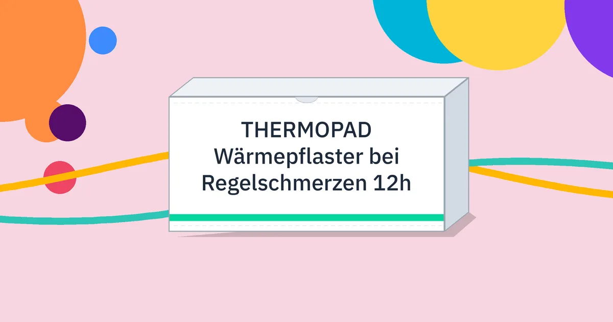 Symbolbild: Packung mit der Aufschrift THERMOPAD Wärmepflaster bei Regelschmerzen 12h (PZN 20288925) – Verfügbarkeit und Bezug in Apotheken in Frankfurt am Main