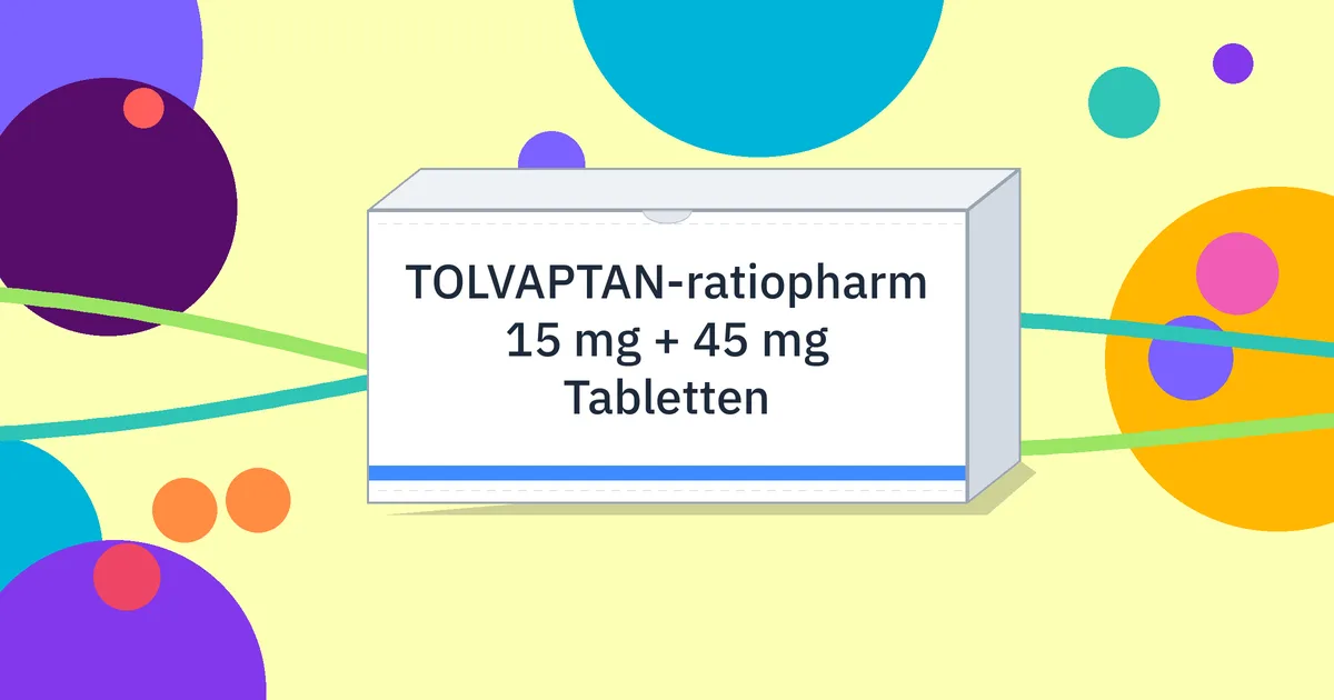 Symbolbild: Packung mit der Aufschrift TOLVAPTAN-ratiopharm 15 mg + 45 mg Tabletten (PZN 19954647) – Verfügbarkeit und Bezug in Apotheken in Frankfurt am Main
