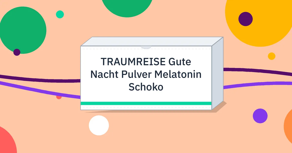 Symbolbild: Packung mit der Aufschrift TRAUMREISE Gute Nacht Pulver Melatonin Schoko (PZN 18757212) – Verfügbarkeit und Bezug in Apotheken in Frankfurt am Main
