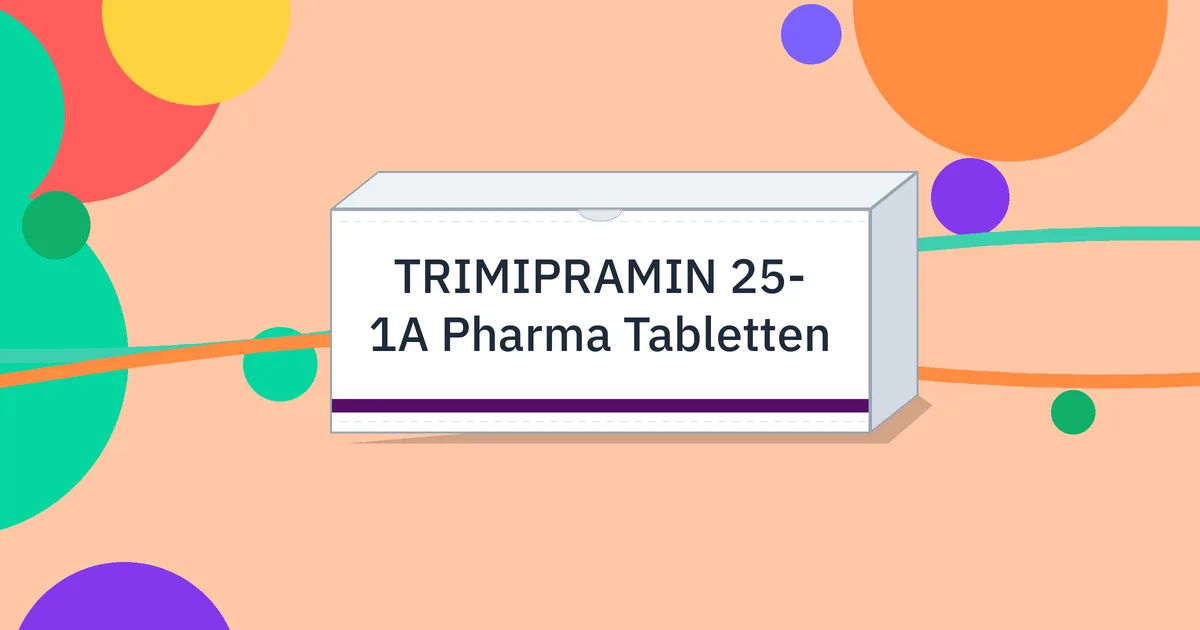 Symbolbild: Packung mit der Aufschrift TRIMIPRAMIN 25-1A Pharma Tabletten (PZN 01664185) – Verfügbarkeit und Bezug in Apotheken in Frankfurt am Main