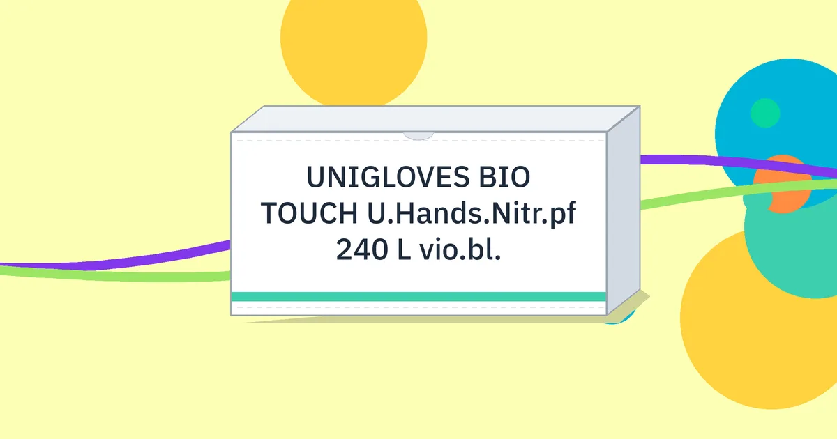 Symbolbild: Packung mit der Aufschrift UNIGLOVES BIO TOUCH U.Hands.Nitr.pf 240 L vio.bl. (PZN 19638567) – Verfügbarkeit und Bezug in Apotheken in Frankfurt am Main