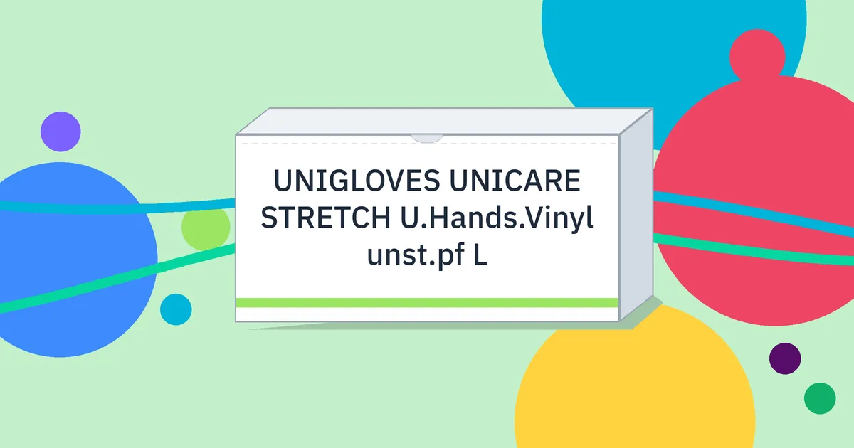 Symbolbild: Packung mit der Aufschrift UNIGLOVES UNICARE STRETCH U.Hands.Vinyl unst.pf L (PZN 20120077) – Verfügbarkeit und Bezug in Apotheken in Frankfurt am Main