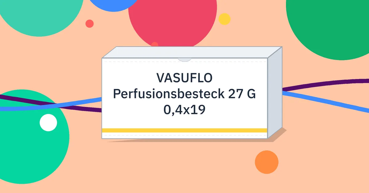 Symbolbild: Packung mit der Aufschrift VASUFLO Perfusionsbesteck 27 G 0,4x19 (PZN 08402821) – Verfügbarkeit und Bezug in Apotheken in Frankfurt am Main