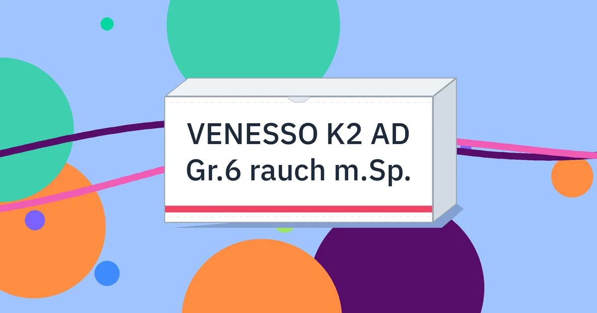 Symbolbild: Packung mit der Aufschrift VENESSO K2 AD Gr.6 rauch m.Sp. (PZN 03256970) – Verfügbarkeit und Bezug in Apotheken in Frankfurt am Main