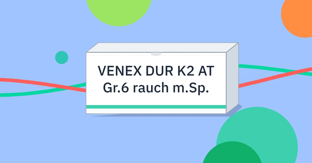 Symbolbild: Packung mit der Aufschrift VENEX DUR K2 AT Gr.6 rauch m.Sp. (PZN 03221701) – Verfügbarkeit und Bezug in Apotheken in Frankfurt am Main