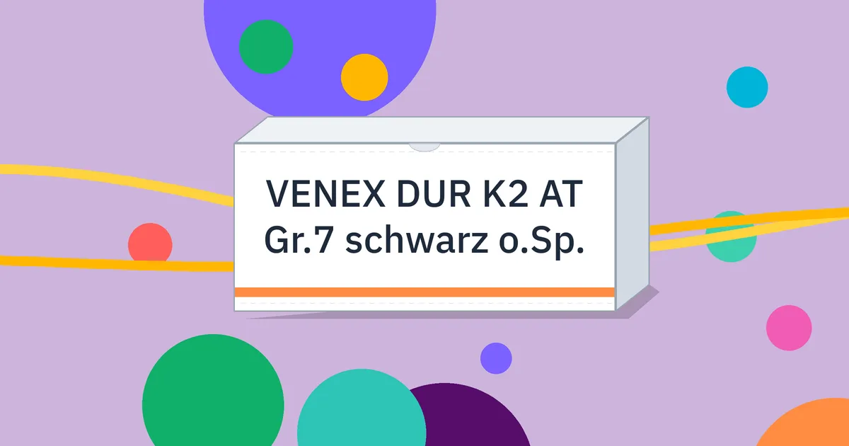 Symbolbild: Packung mit der Aufschrift VENEX DUR K2 AT Gr.7 schwarz o.Sp. (PZN 03225024) – Verfügbarkeit und Bezug in Apotheken in Frankfurt am Main