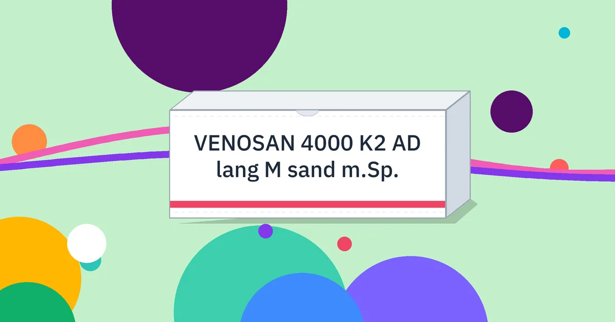 Symbolbild: Packung mit der Aufschrift VENOSAN 4000 K2 AD lang M sand m.Sp. (PZN 14422377) – Verfügbarkeit und Bezug in Apotheken in Frankfurt am Main